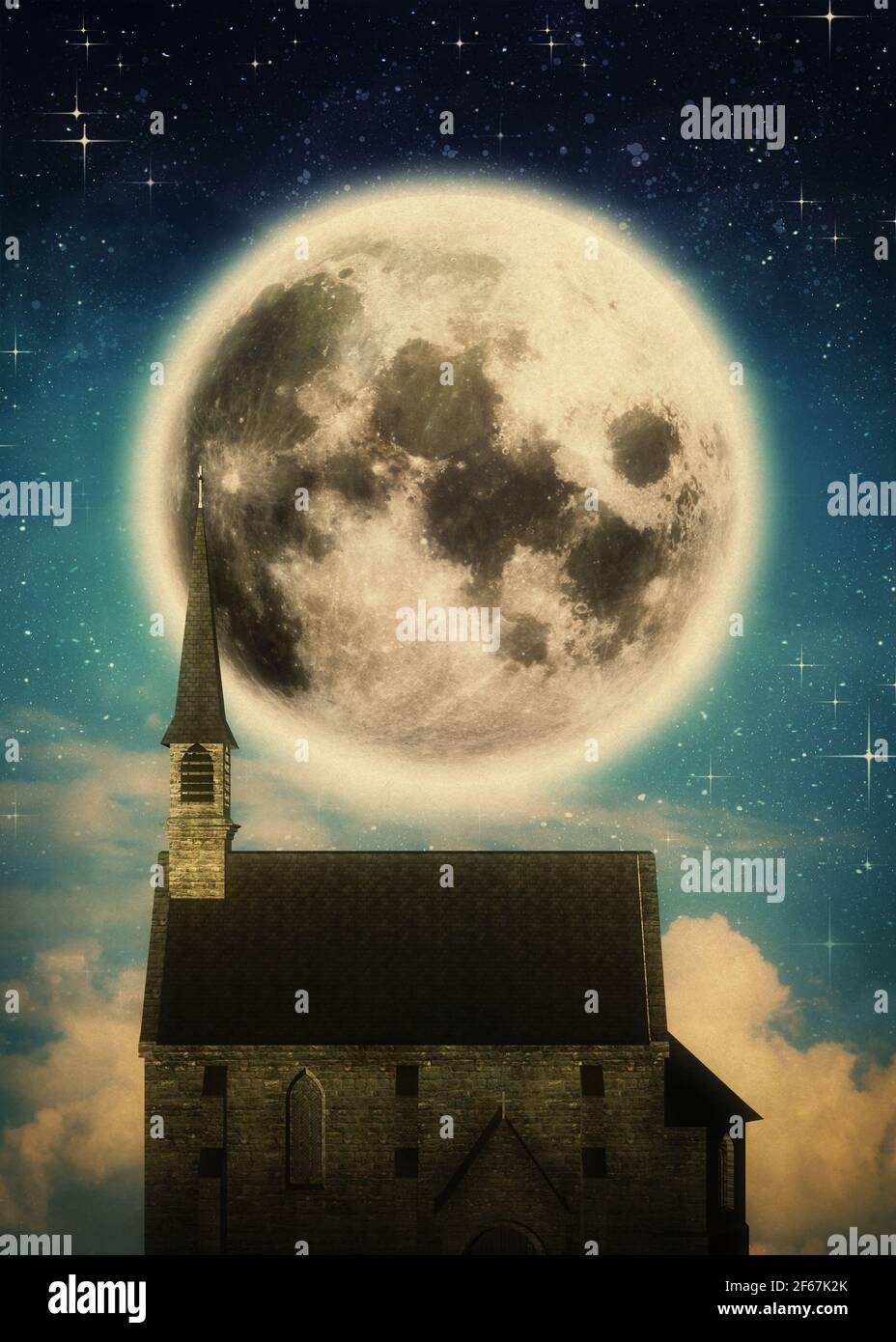 Ancient 3d catholic church and full moon, 3d digital illustration ...