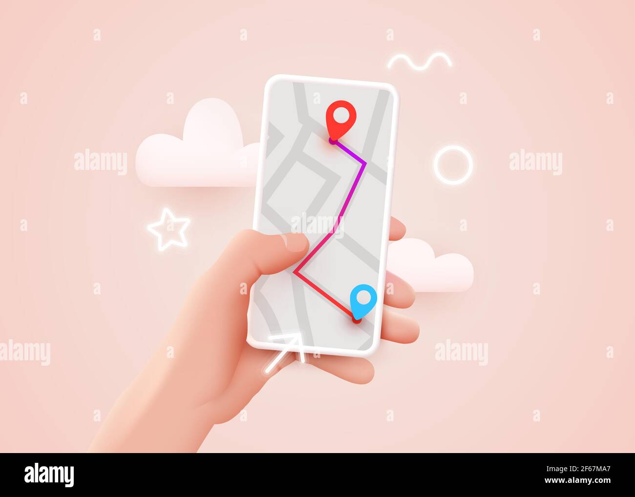 Hand holding phone with map and pointer. Mobile gps navigation and ...
