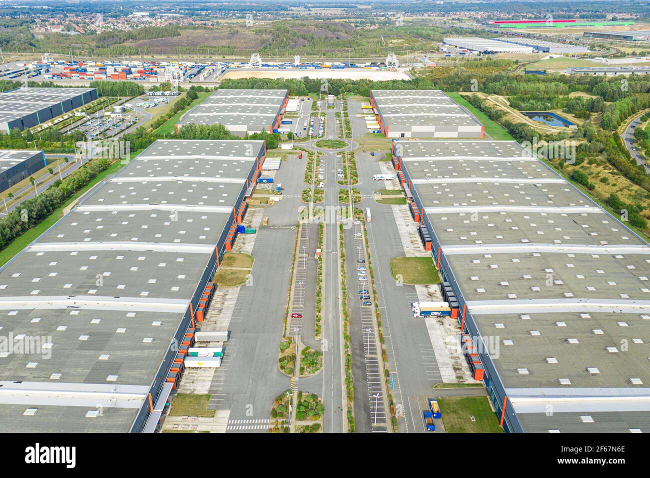 Aerial view on vast area built-up with warehouse halls. Logistic ...