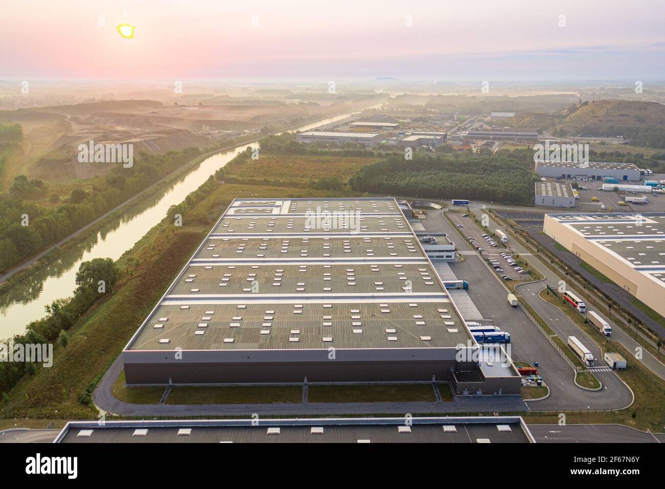 Beautiful aerial view of warehouse building in logistic site in ...