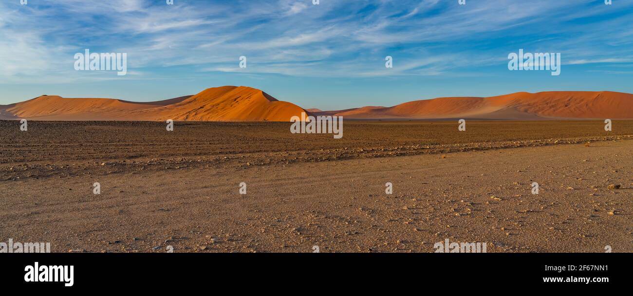 Panorama from Dunes of Namib Desert at Sossusvlei in the morning time ...