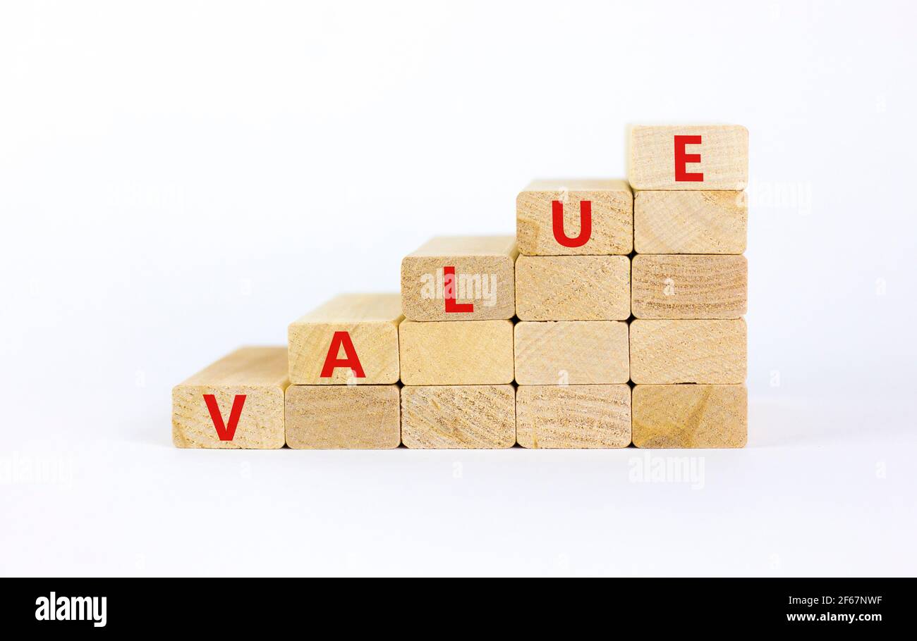Value symbol. Concept word 'value' on wooden cubes on a beautiful white ...