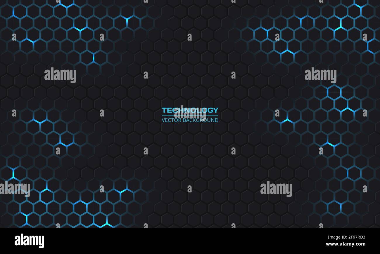 Dark technology hexagonal vector background. Abstract blue bright energy flashes under hexagon ...