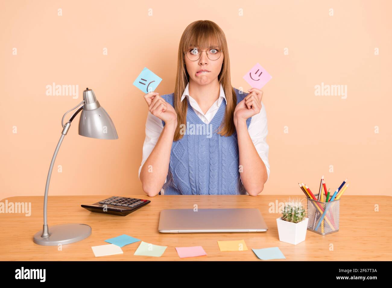 Woman smile bite glasses hi-res stock photography and images - Alamy