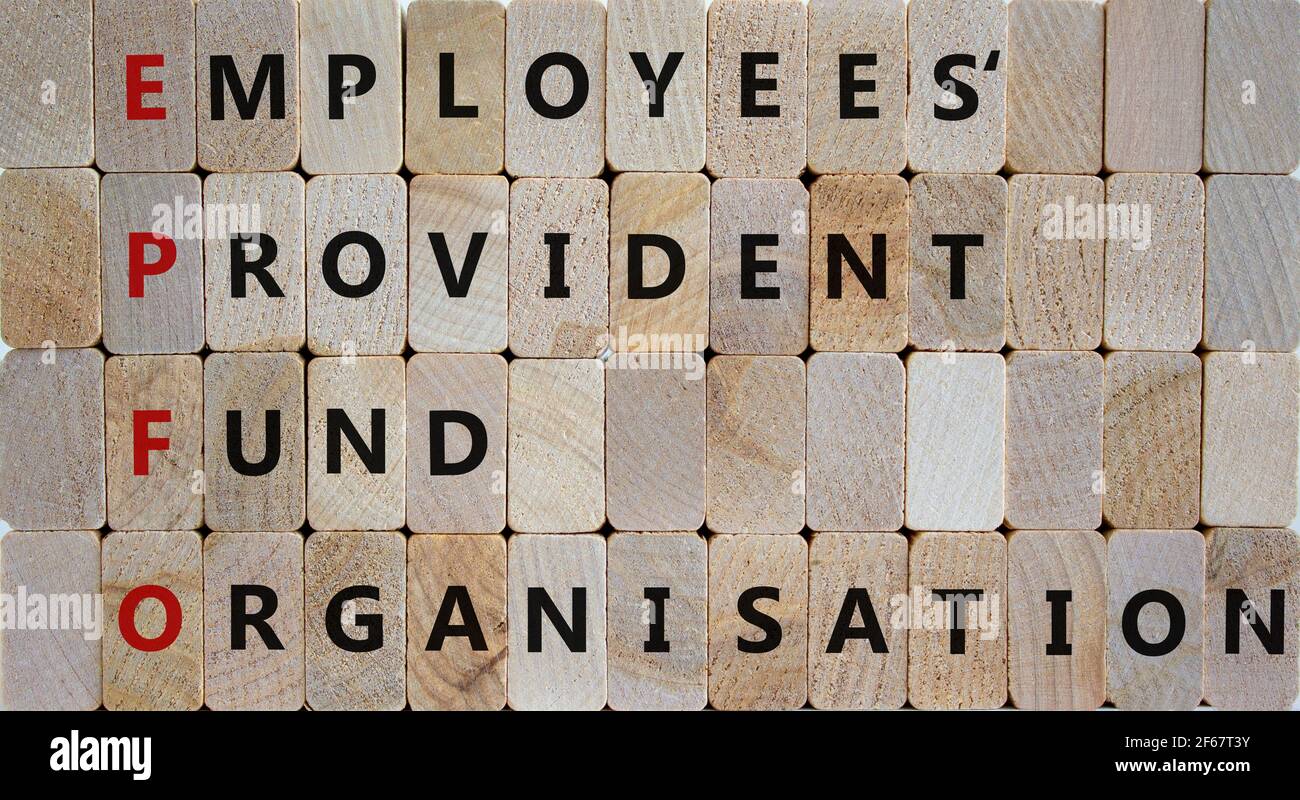 EPFO, employees provident fund organisation symbol. Wooden cubes with ...