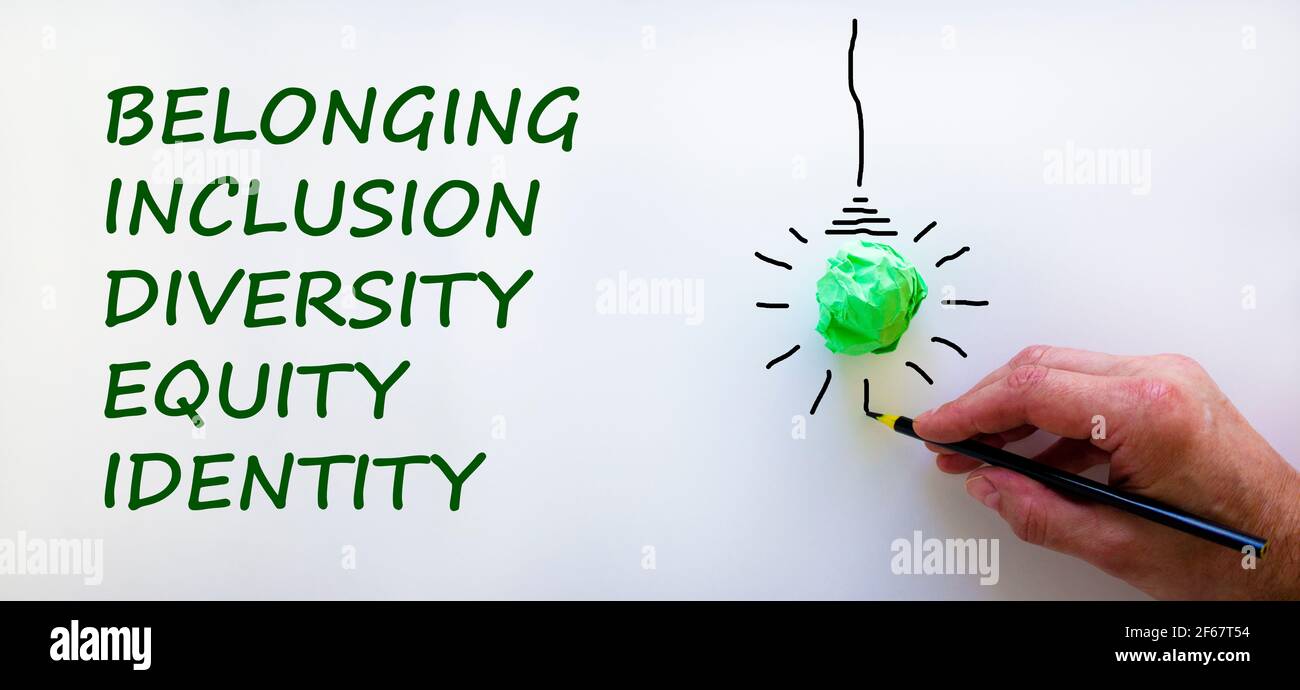Belonging symbol. Businessman writing 'identity, equity, diversity ...