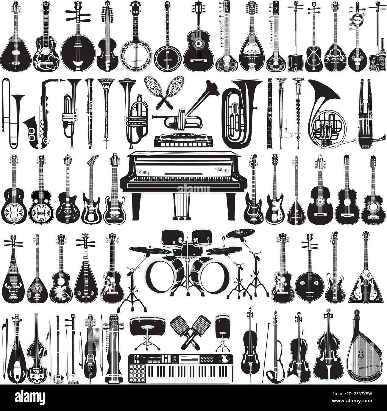 Vector set of black and white musical instruments Stock Vector Image ...
