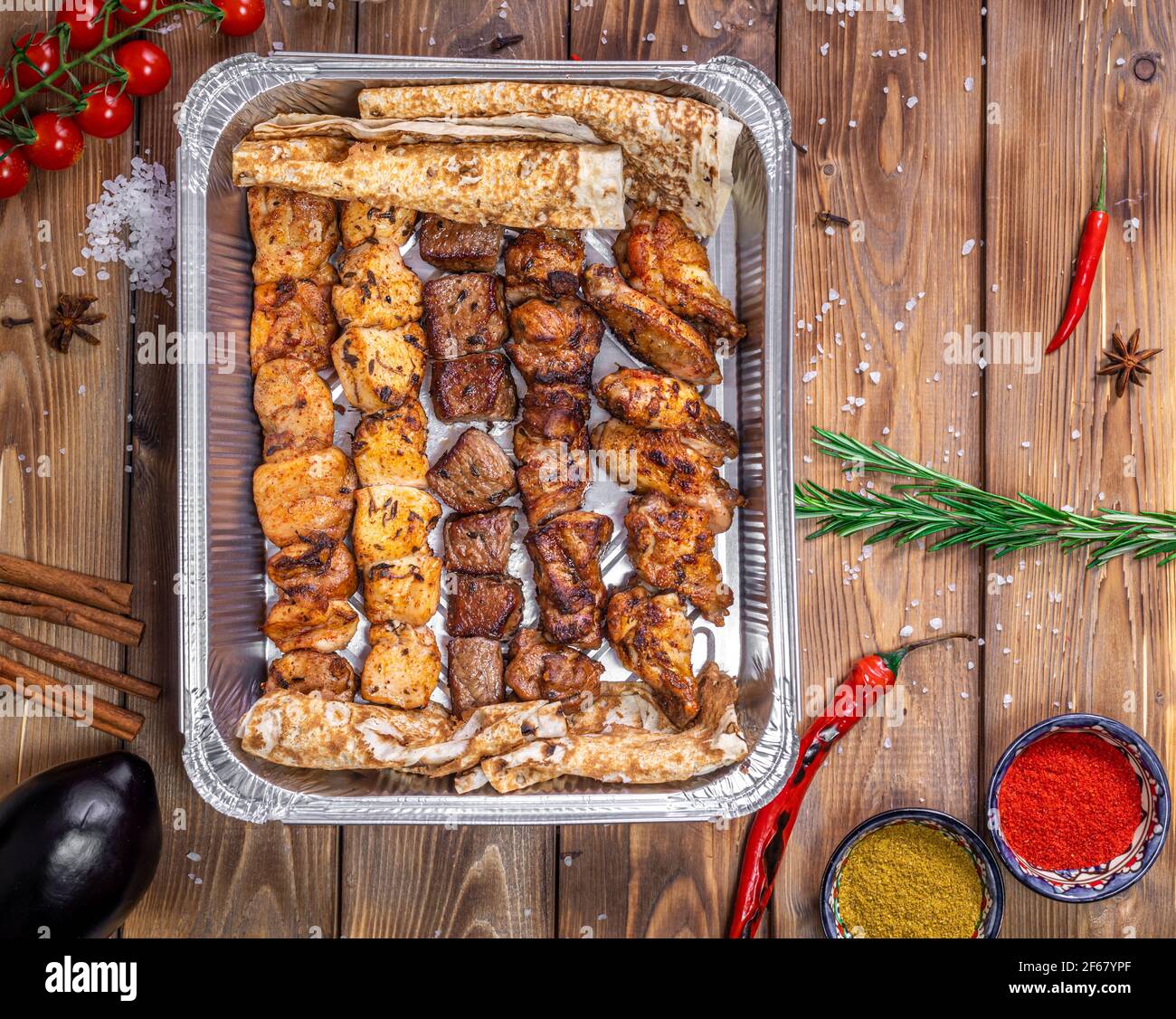 Shish Kebab and lula kebab are placed in a container. Food delivery ...