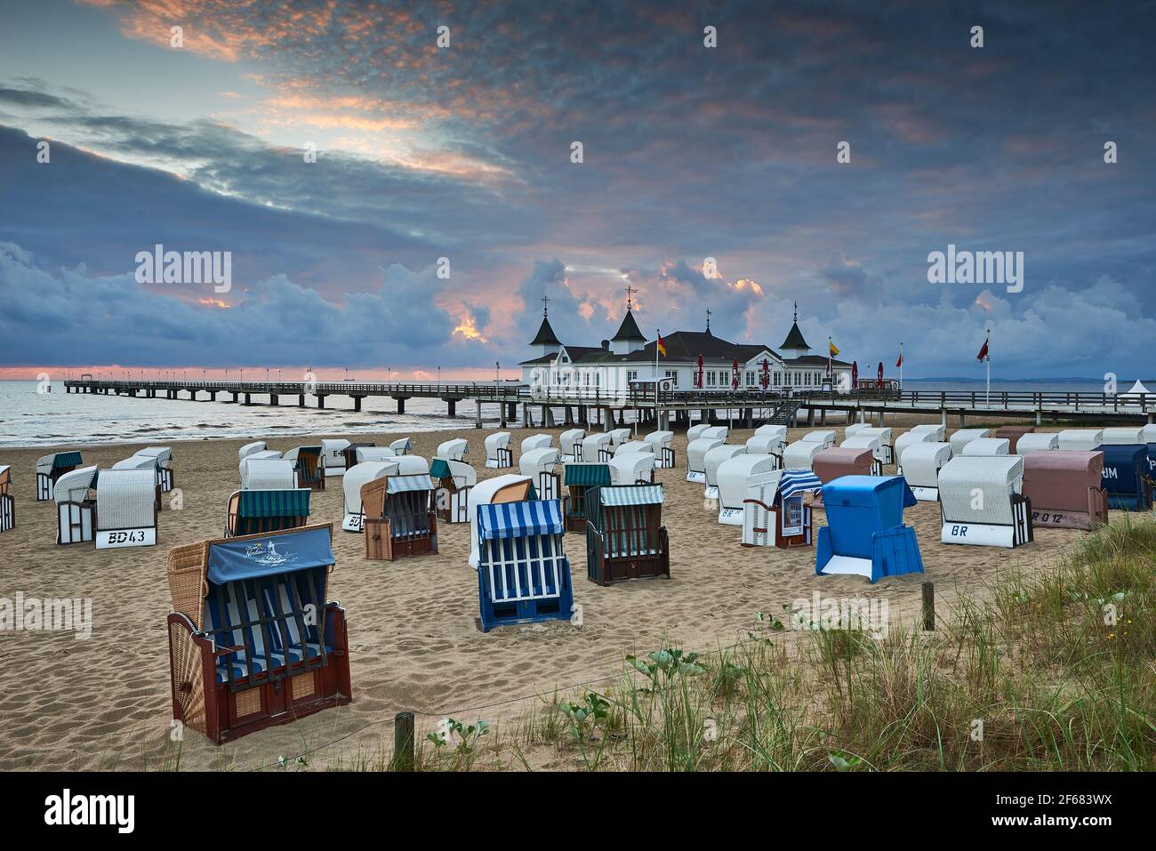 morning time at baltic sea beach and sight Ahlbeck pier in sunrise ...