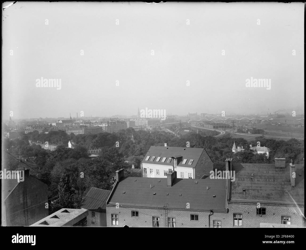 View of part of Malmö, on the right, the railroad and Kreuger & Toll ...