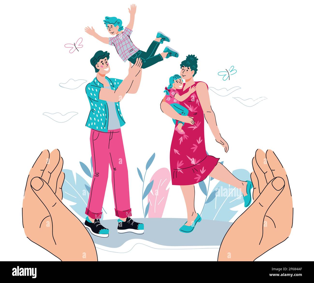 Family protection and care banner. Children and parents protected with ...