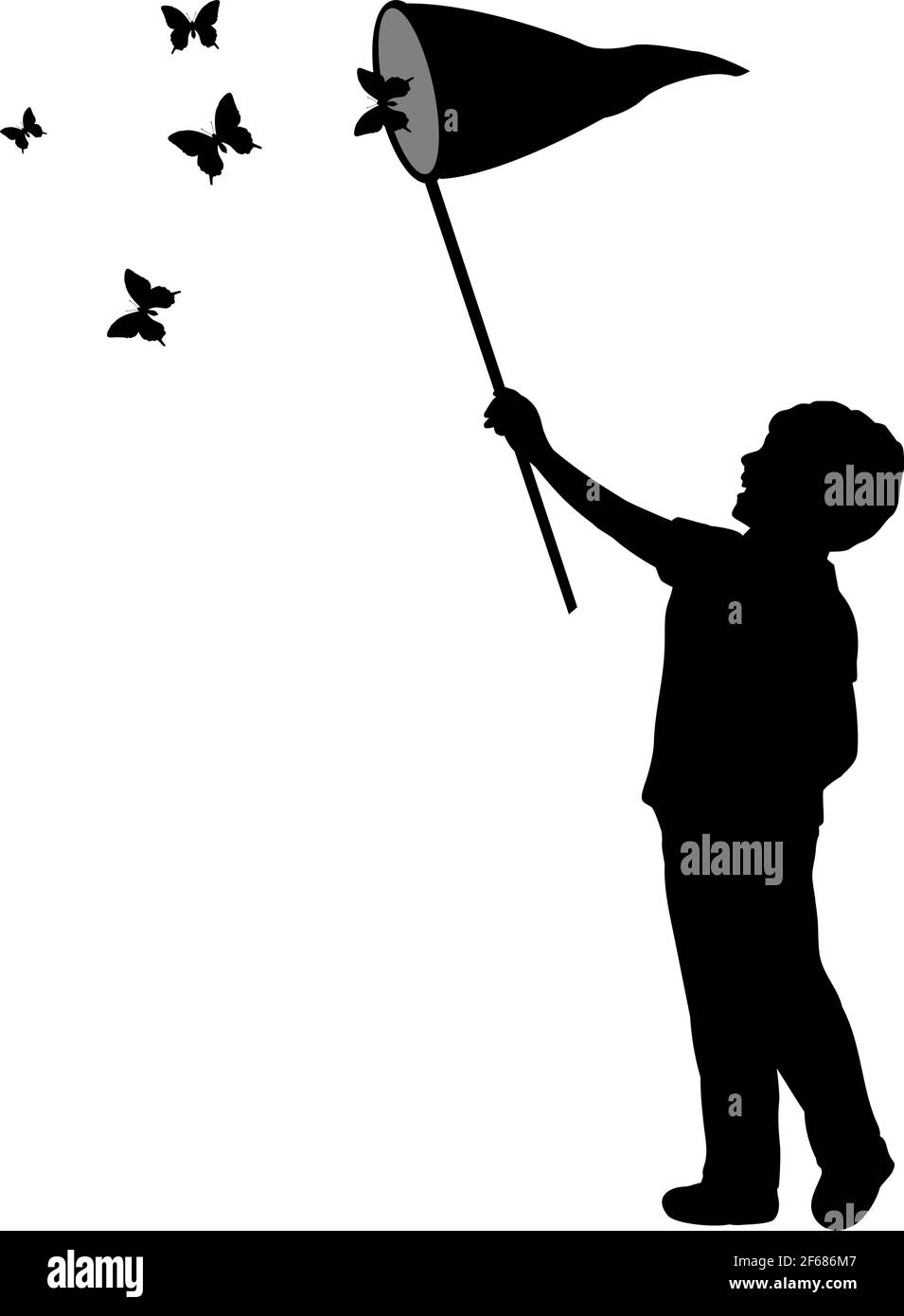 Silhouette little boy catches butterflies. Illustration graphics icon ...