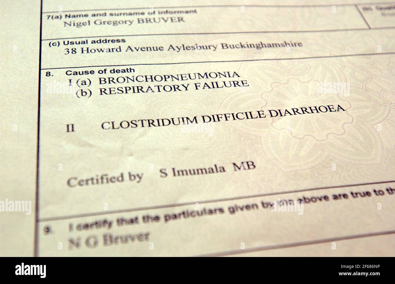 THE DEATH CERTIFICATE OF ERNEST JOHN BRUVER, WHO DIED AT STOKE ...