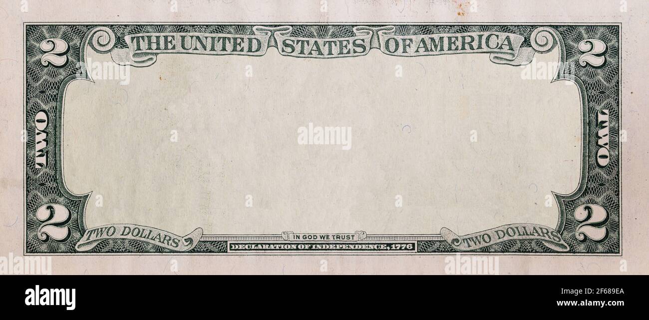 Reverse of 2 US dollar banknote with empty middle area for design ...