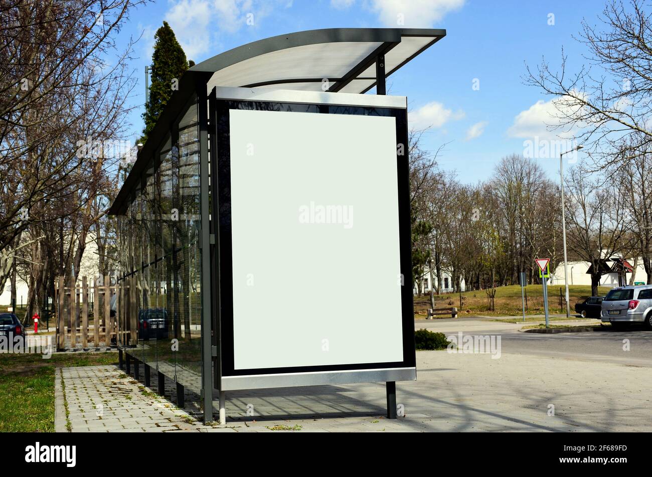 image composite. bus shelter & bus stop. blank light white box. glass ...