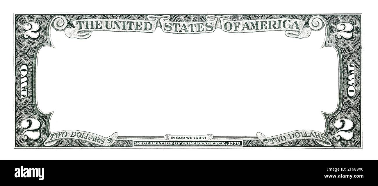 Reverse of 2 US dollar banknote with empty middle area for design ...