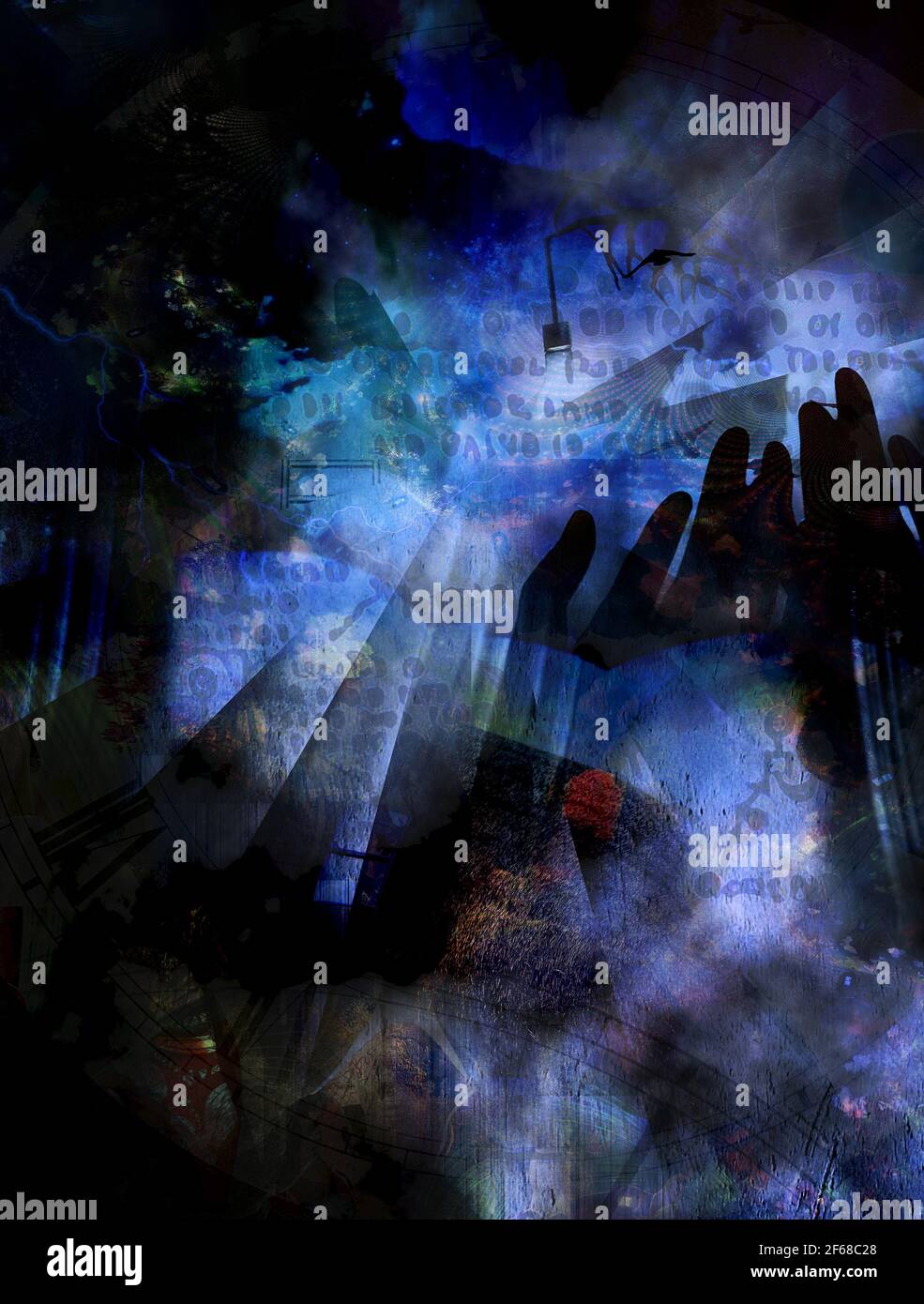 Surreal composition with human hands silhouette and ancient script or ...