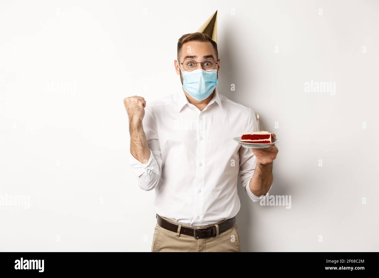 Covid-19, social distancing and celebration. Hopeful happy birthday man ...