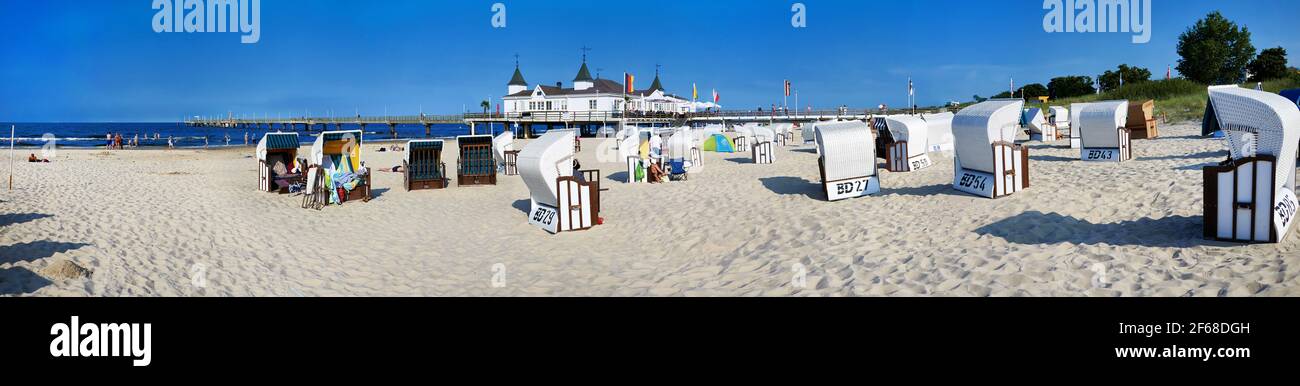 Panorama from the beach of Seebad Ahlbeck with pier Stock Photo - Alamy