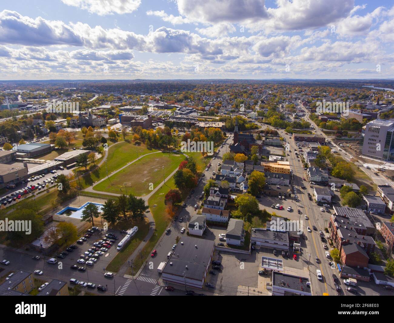 Lowell historic downtown, Canal, Marrimack River and historic Mills ...