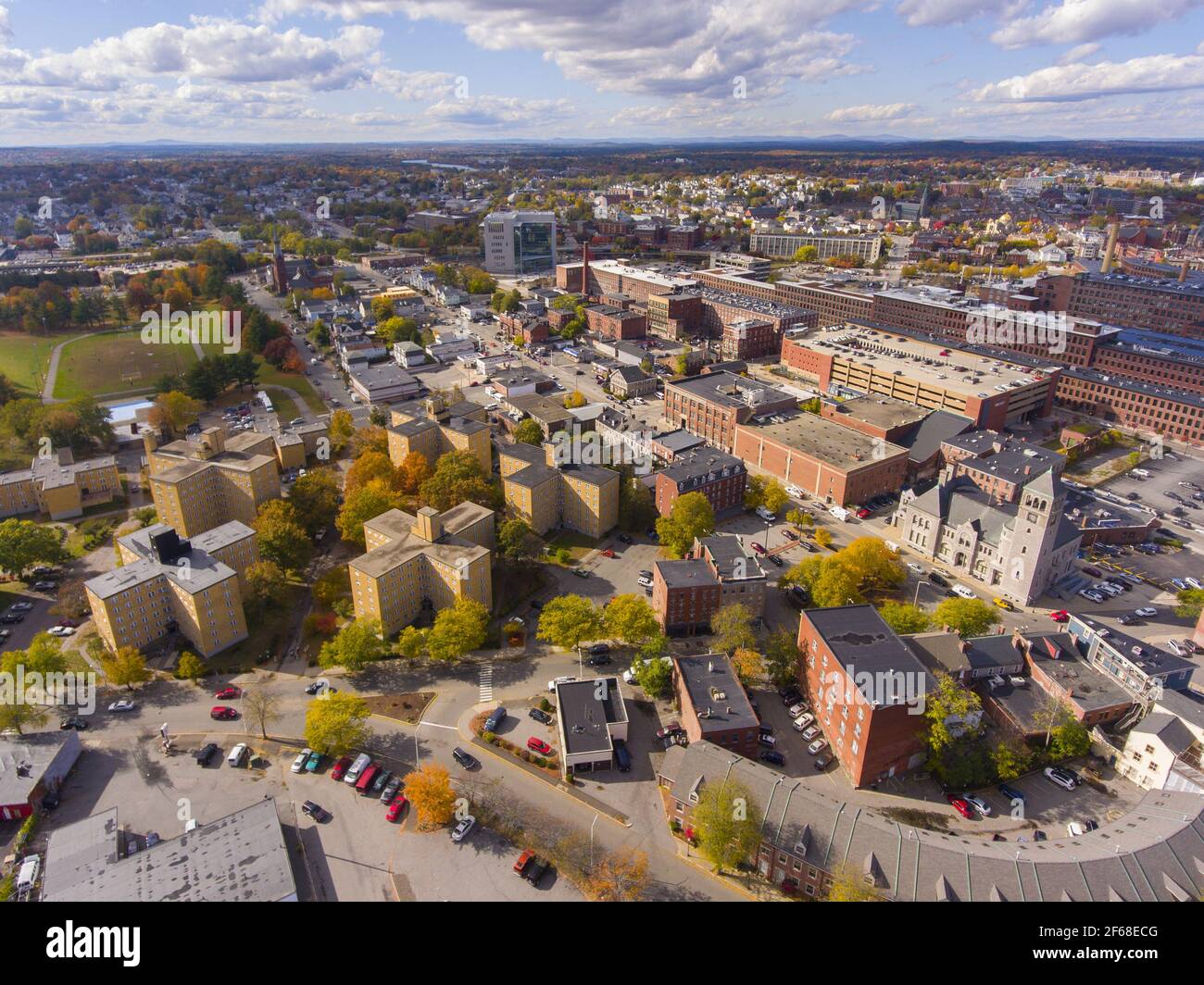 Lowell historic downtown, Canal, Marrimack River and historic Mills ...