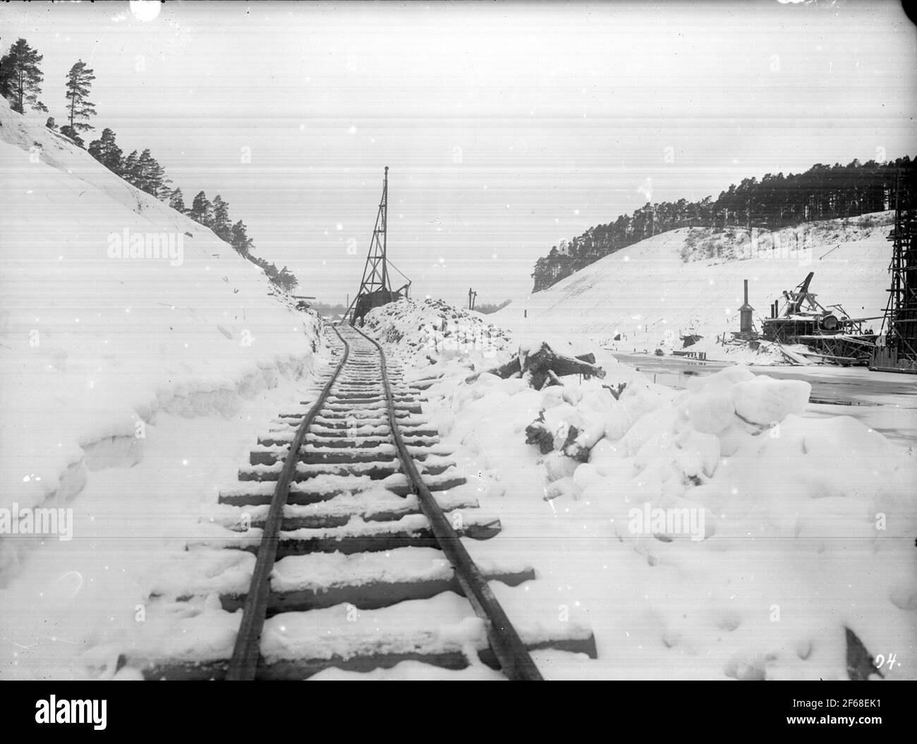 Södertälje channel. Transport tracks and pile, southern channel column ...