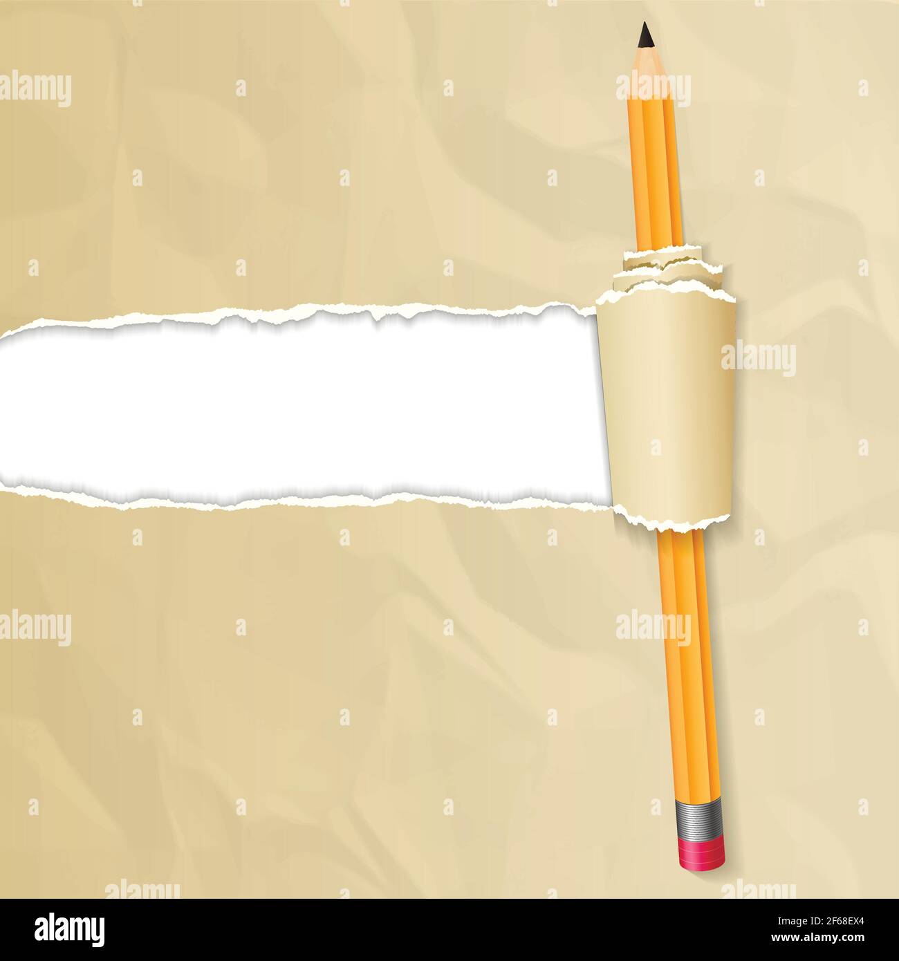 Realistic brown crumpled paper with rolled edge and yellow pencil on ...