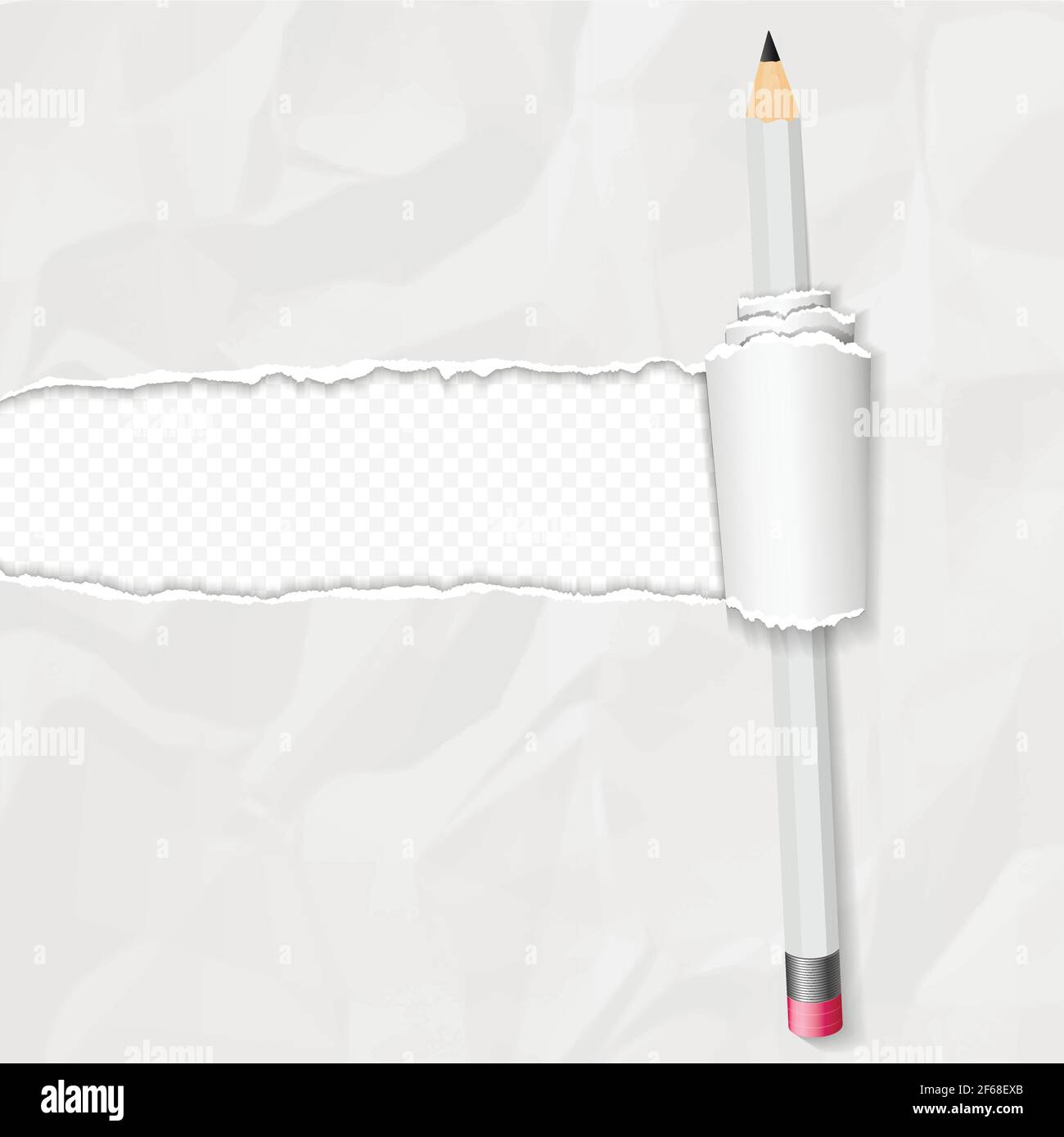 Realistic crumpled paper with rolled edge and pencil on transparent ...