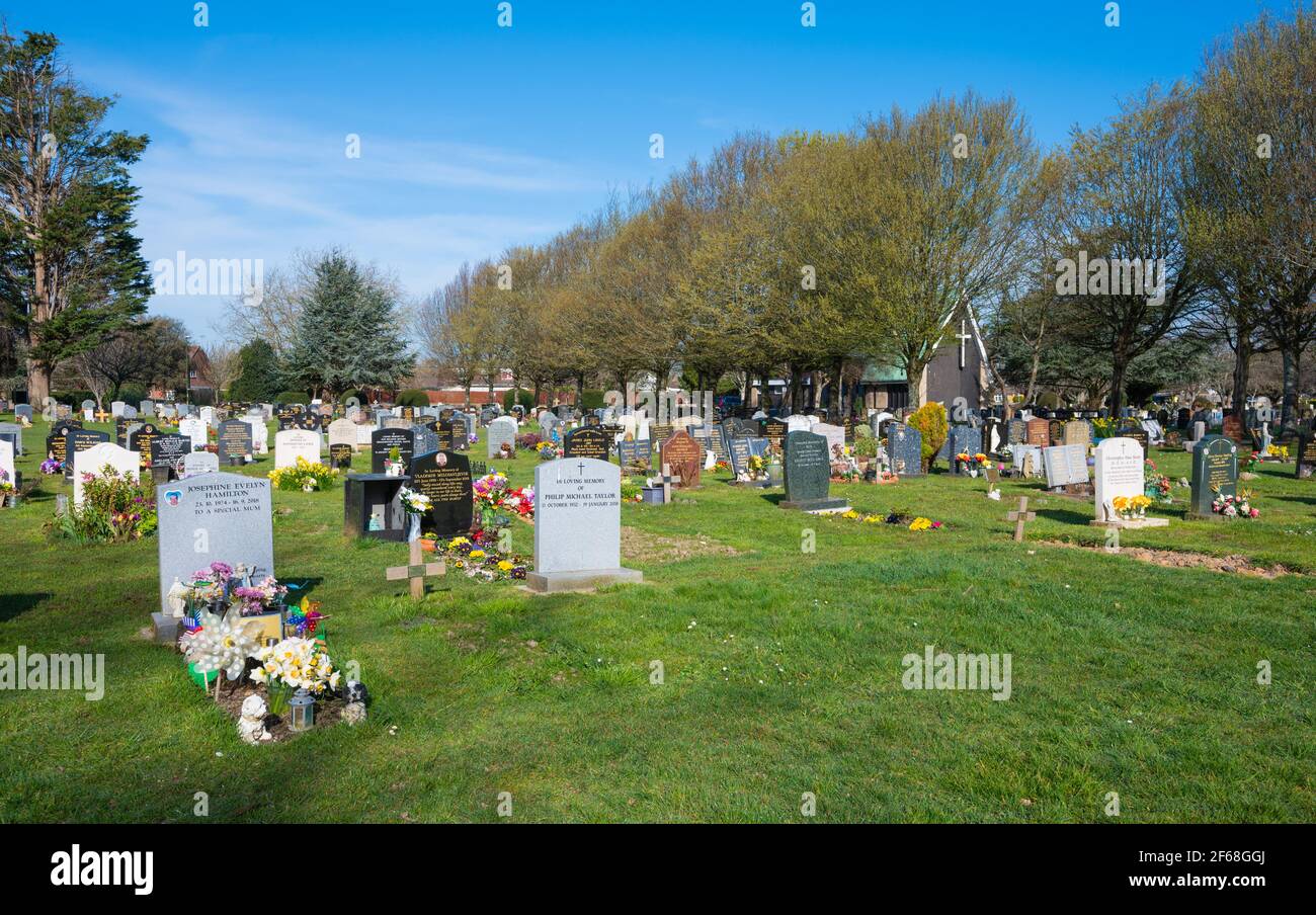 Graveyard and gravestones in a large British cemetery at Littlehampton ...