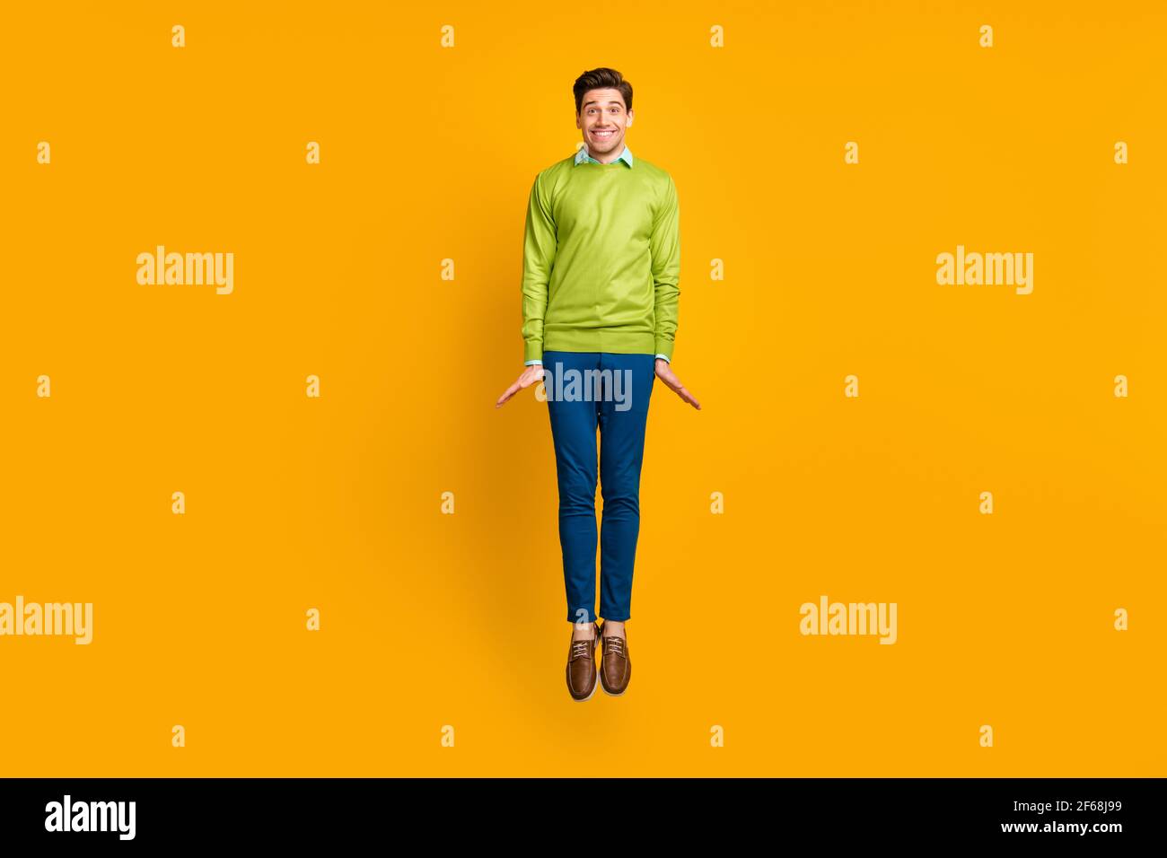 Full length body size profile side view of nice skinny cheerful guy ...
