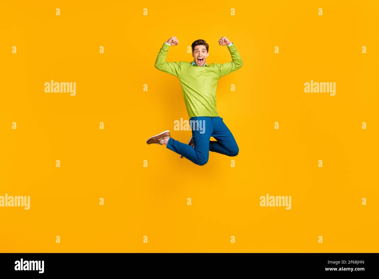 Full length body size profile side view of strong successful cheerful ...