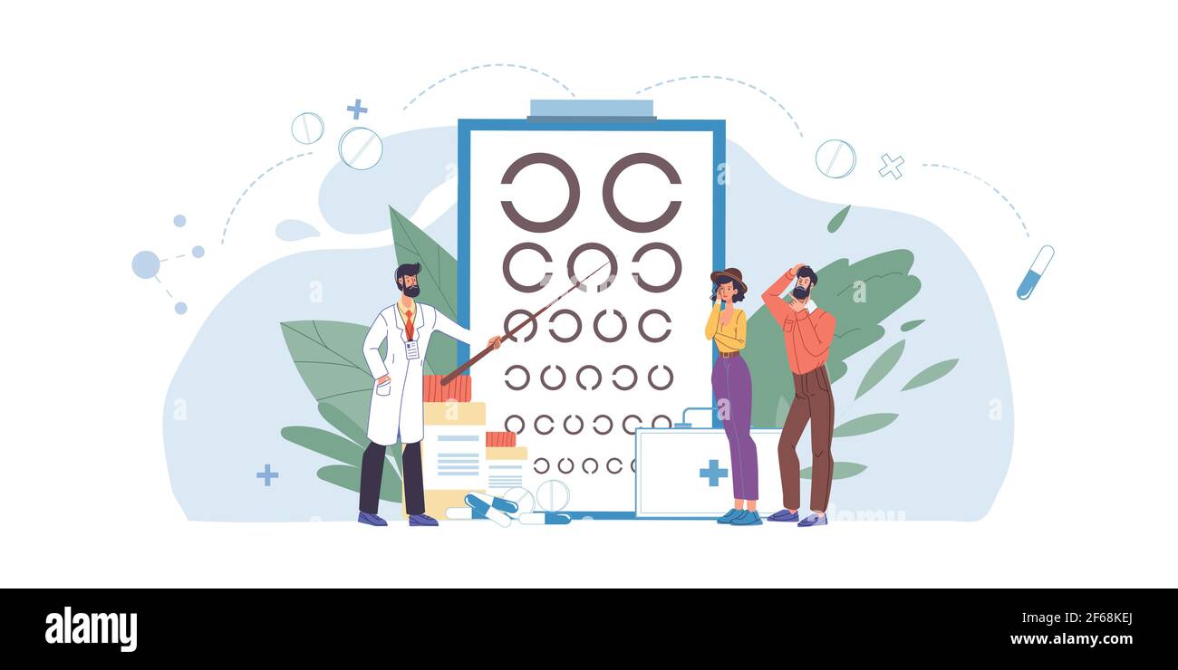 Flat cartoon character doctor at work,visual acuity test vector ...