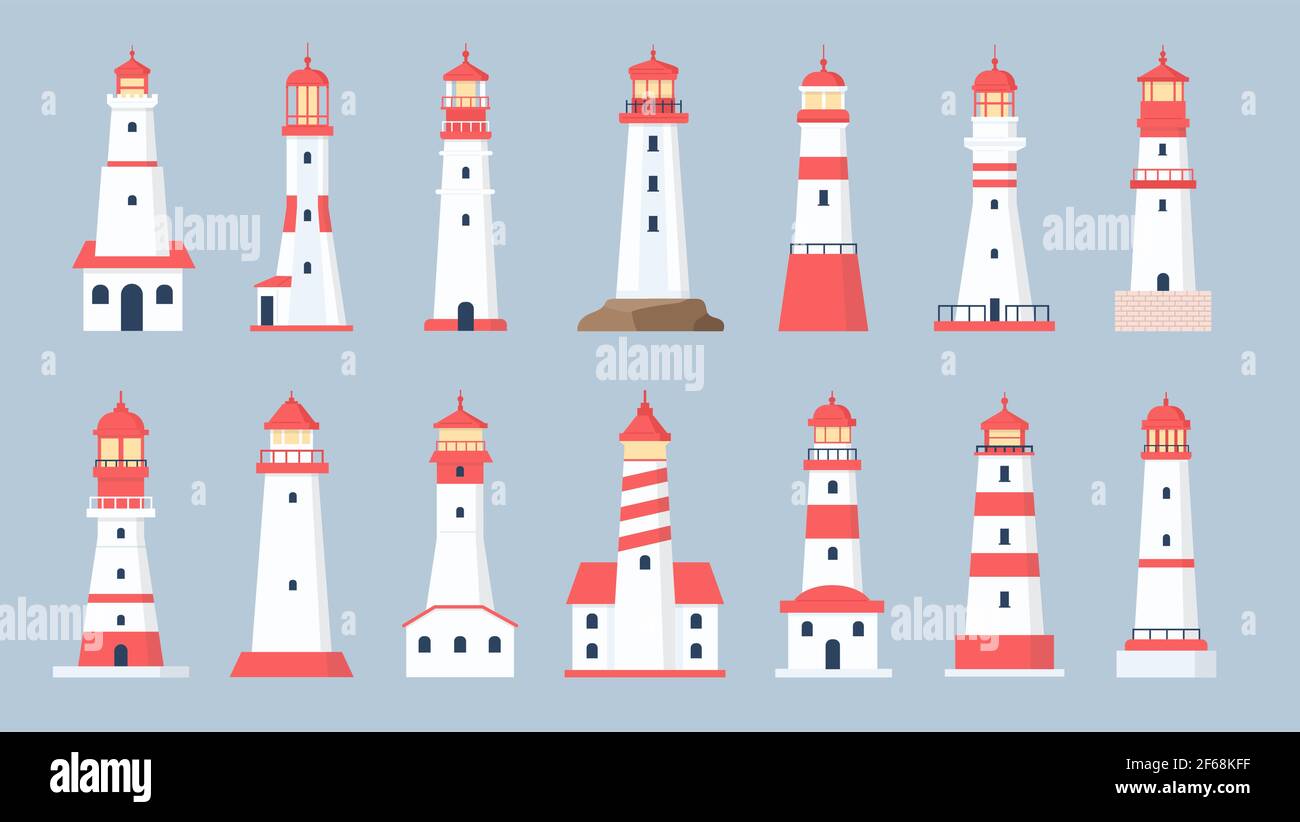 Lighthouse towers. Cartoon sea beacon design. Coastline marine ...