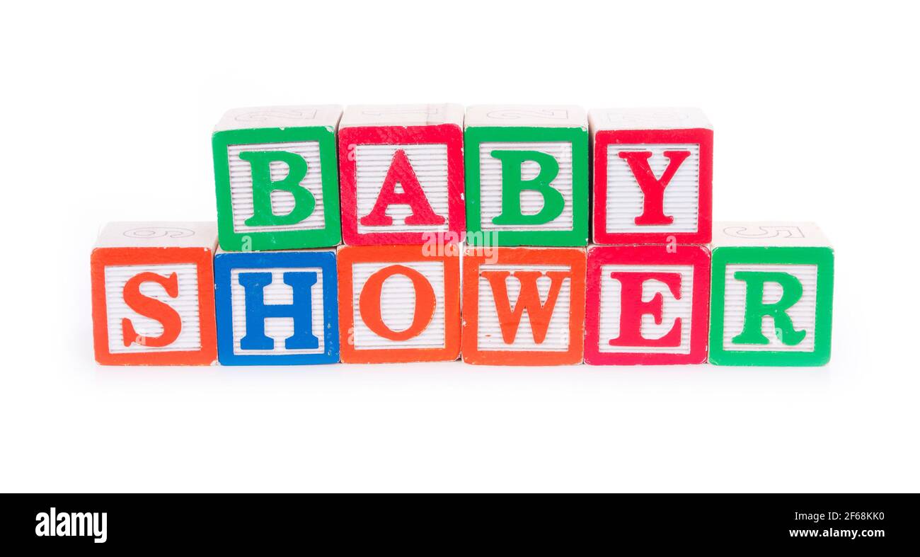 Toy blocks spelling out "BABY SHOWER Stock Photo - Alamy