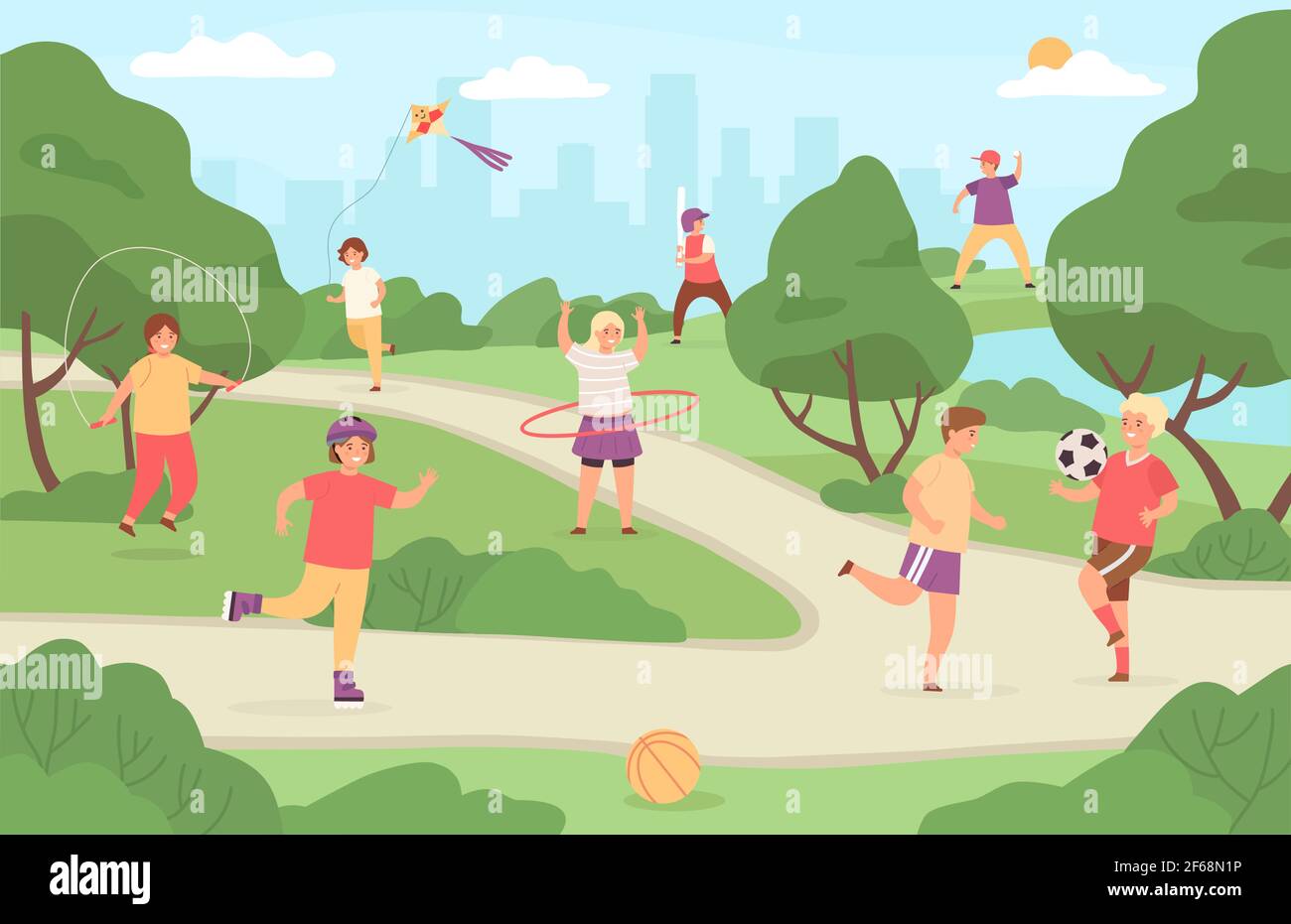 Kids sport outdoor. Children play in park playground. Girl with kite ...