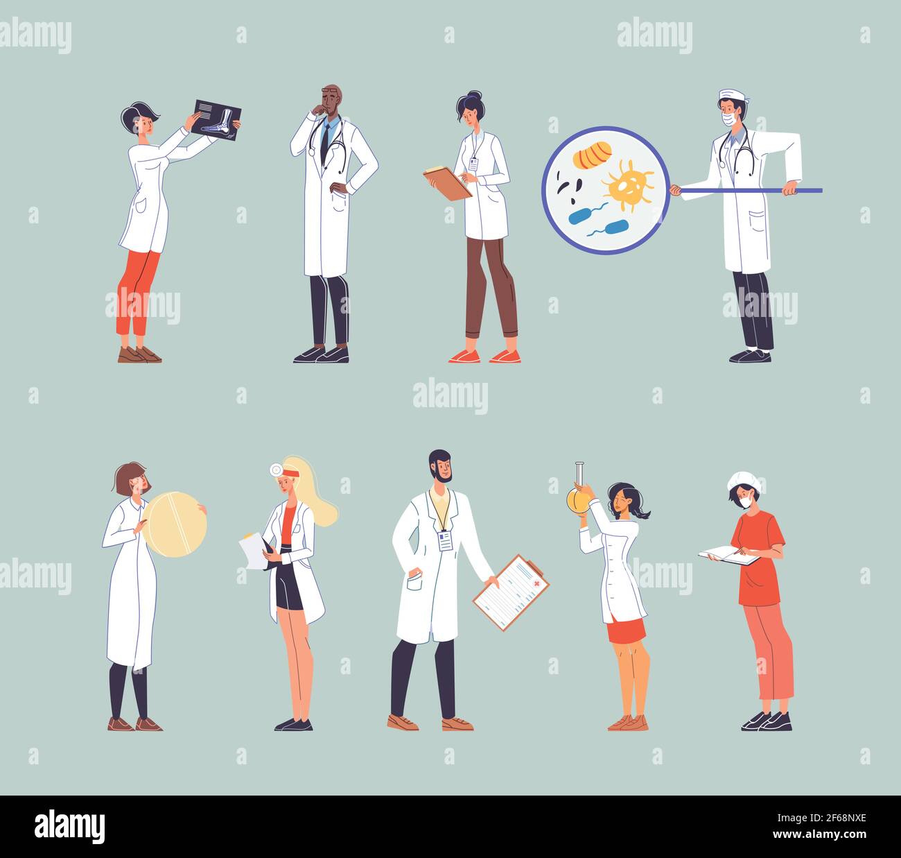 Flat cartoon character doctors at work set vector illustration concept ...