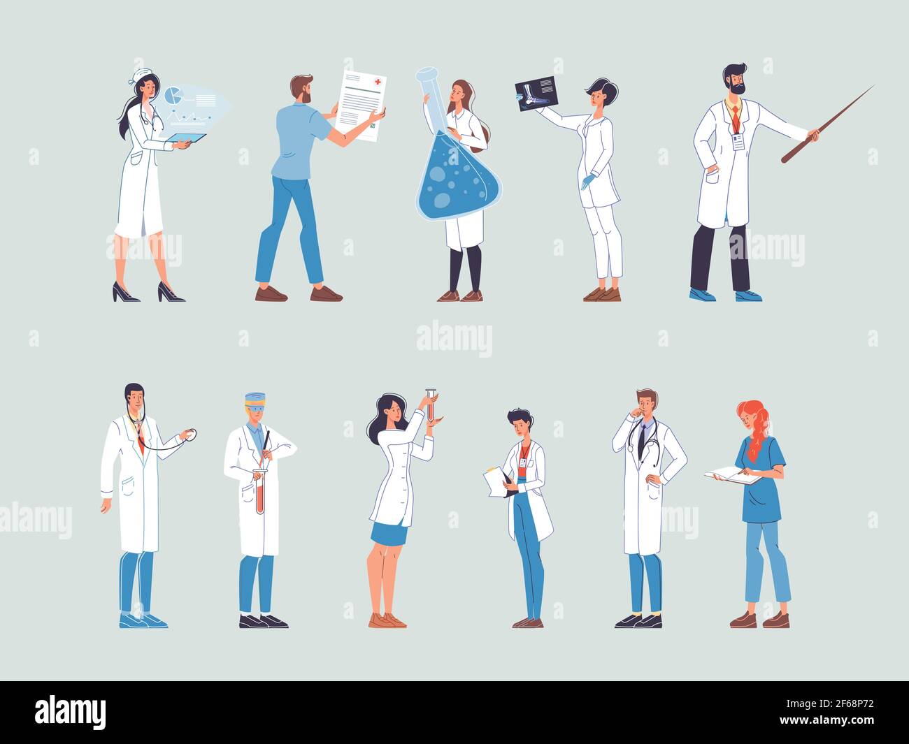 Flat cartoon character doctors at work set vector illustration concept ...