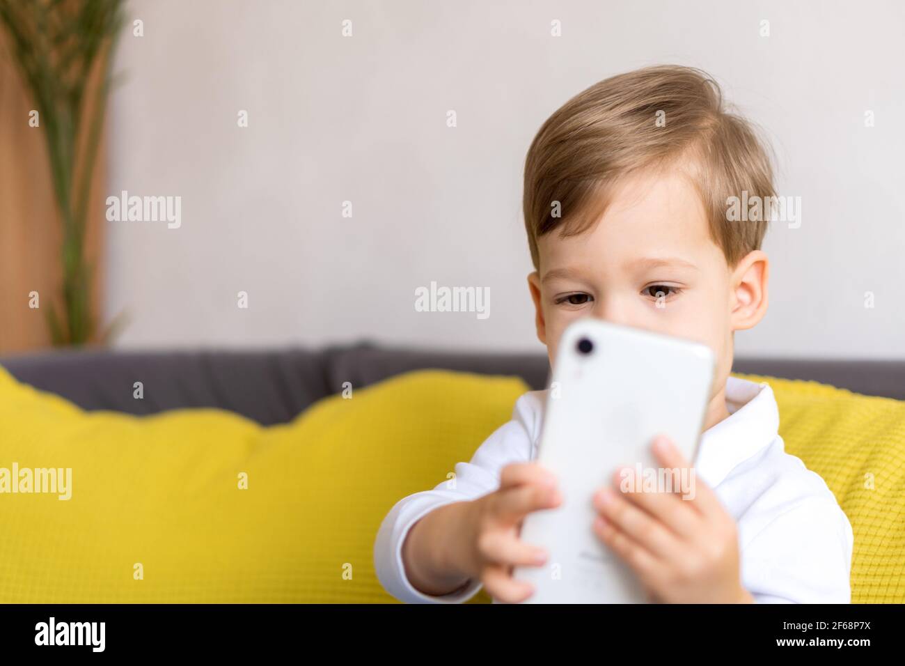 close-up happy little cute preschool baby boy talking video conference ...