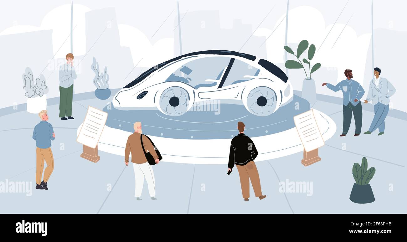 Cartoon flat visitors and workers characters at exhibition,vector ...