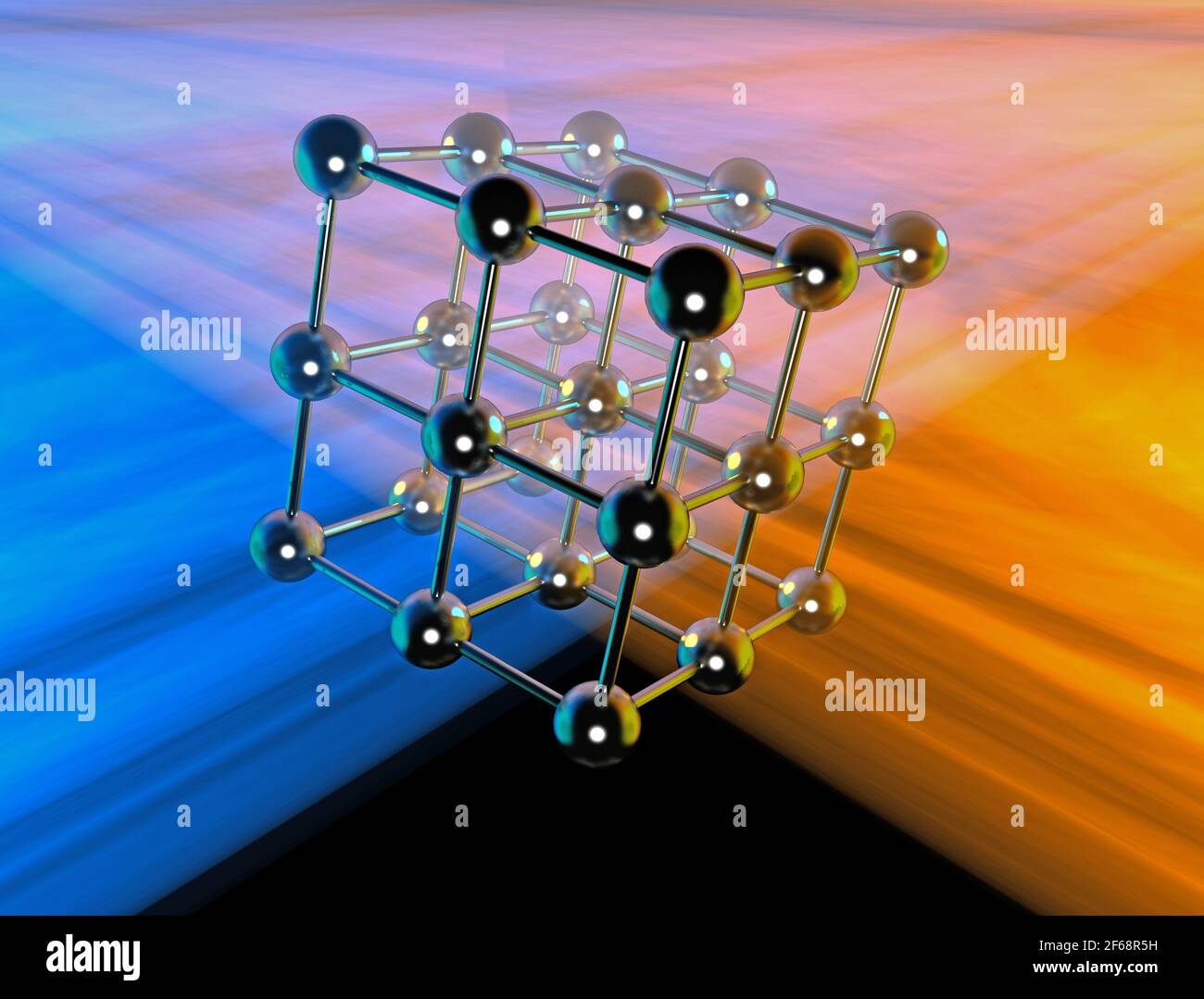 metal cube molecular structure in orange and blue light rays. 3d ...