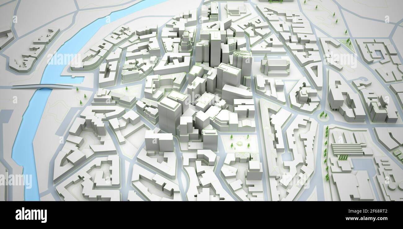 plain low poly city with river above view. 3d rendering Stock Photo - Alamy