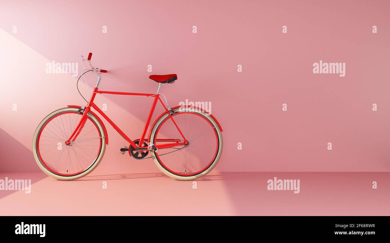 red bike on pink wall side view. 3d rendering Stock Photo - Alamy