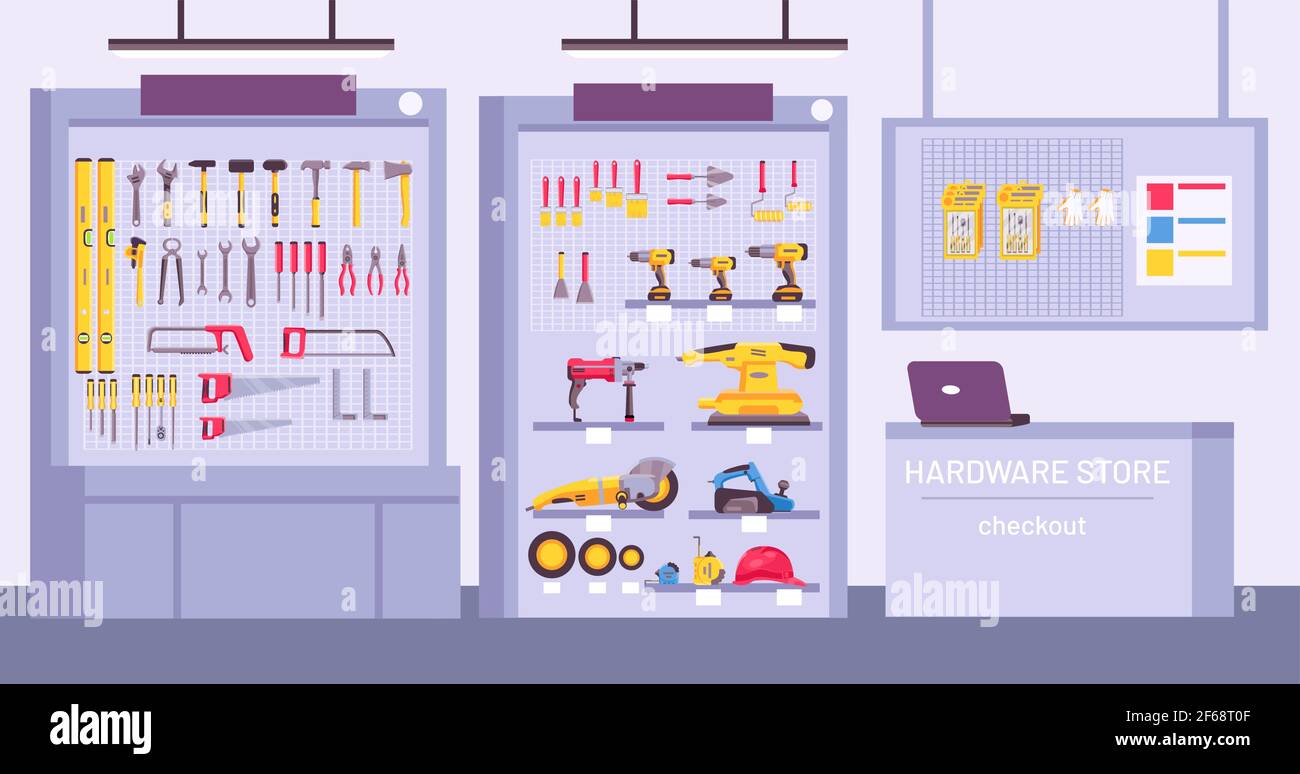 Hardware store interior. Shop with counter, shelves with assortment ...