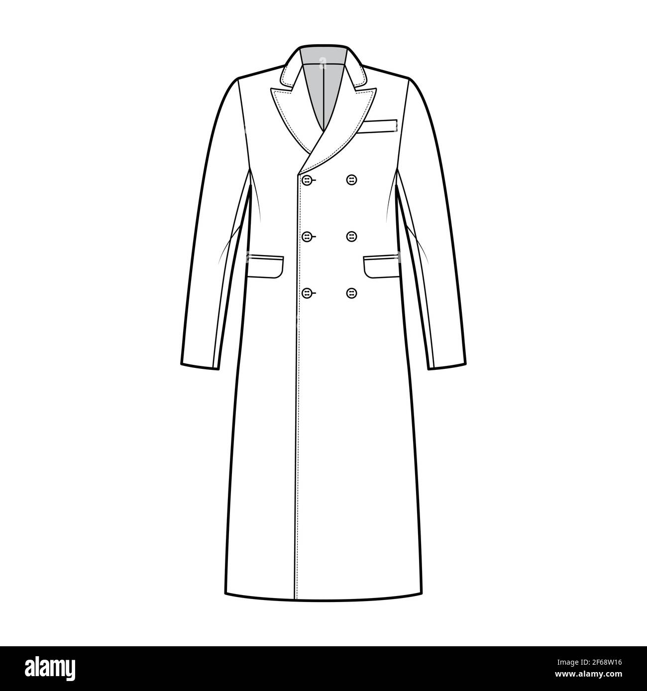 British warm overcoat technical fashion illustration with double ...