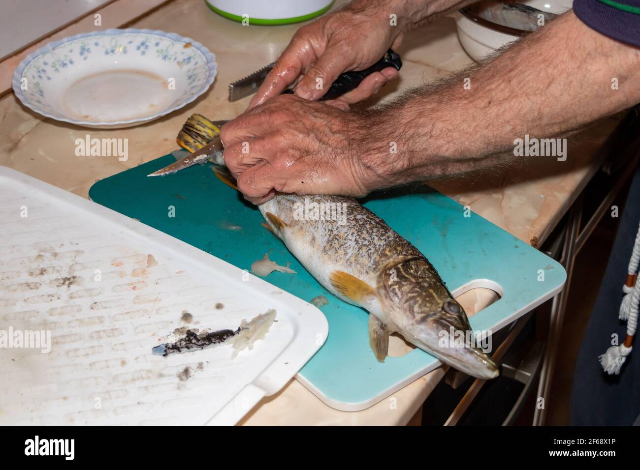 A man hands with a knife cut up fish on cutting boar Stock Photo - Alamy