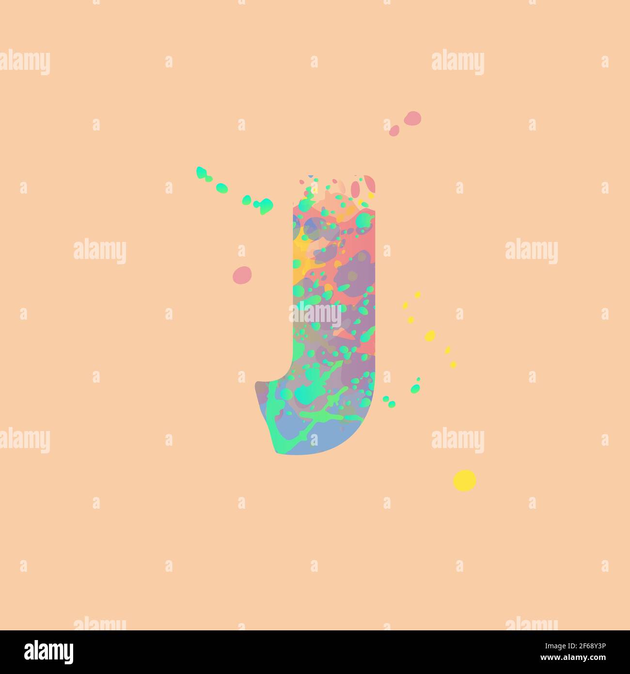 Letter J with multicolored mixed spots of pink, yellow, blue, turquoise ...