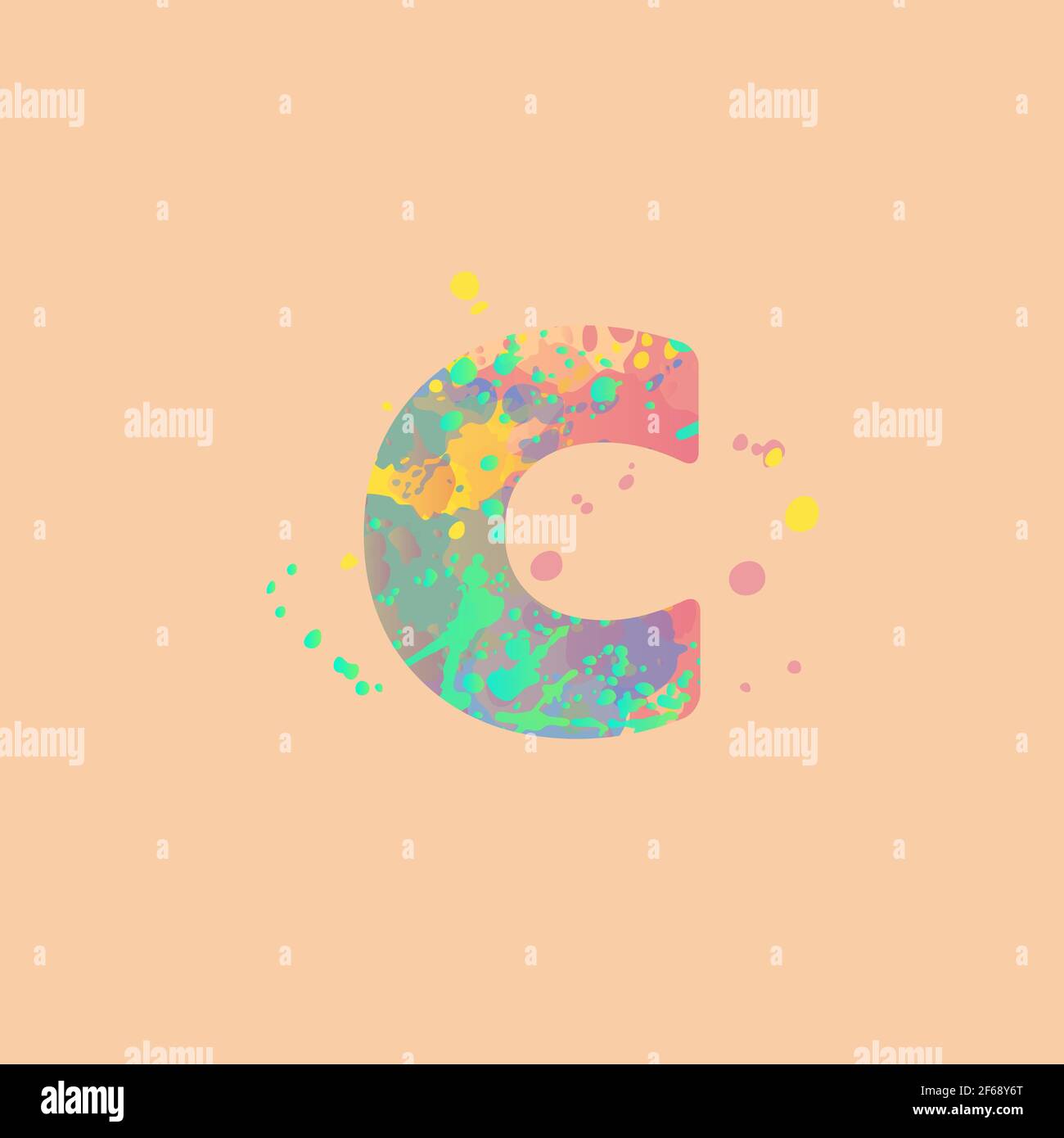 Letter C with multicolored mixed spots of pink, yellow, blue, turquoise ...