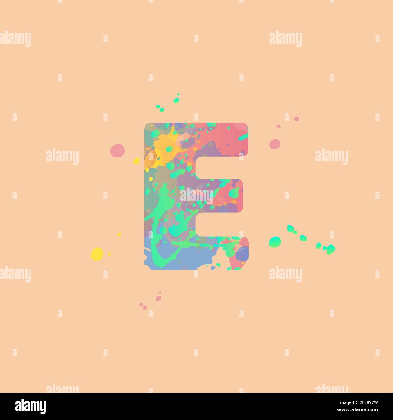Letter E with multicolored mixed spots of pink, yellow, blue, turquoise ...
