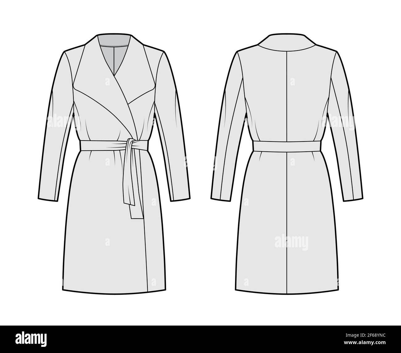 Wrap coat technical fashion illustration with tie, long sleeves, shawl ...