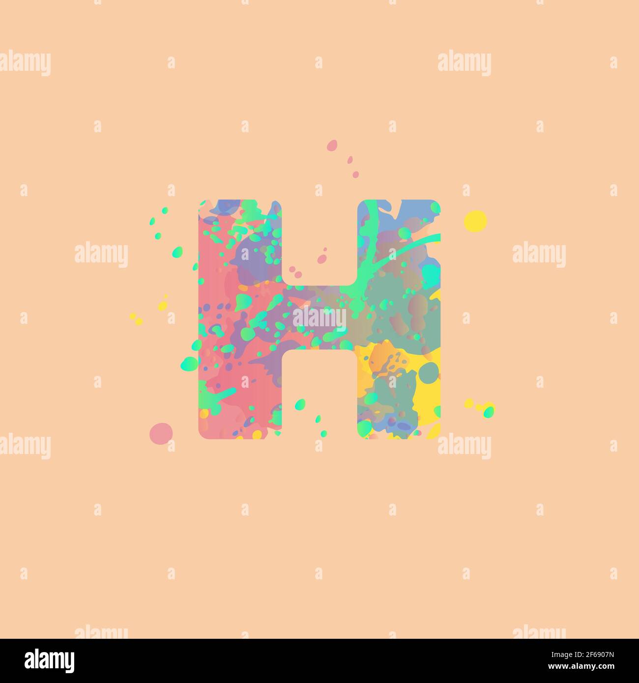 Letter H with multicolored mixed spots of pink, yellow, blue, turquoise ...